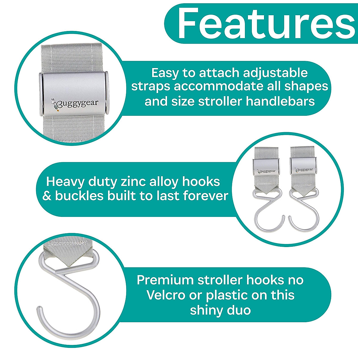 Buggygear Stroller Hooks - On The Go Stroller Hooks for Bags - Hang Bags Stroller Hooks