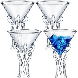 4 Pcs Octopus Martini Glass 4 oz Fun Cocktail Glasses Jellyfish Wine Glass Creative Jellyfish Glass Cup for Margarita Whiskey Drinking Glassware Kitchen Bar Party Wedding