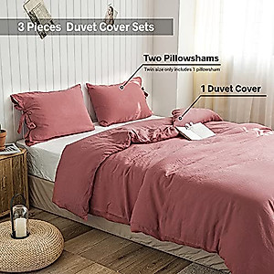 Simple&Opulence 100% Linen Duvet Cover Set, 3 Piece Belgian Flax Breathable Bedding, Queen Size 88''x92'' (1 Comforter Cover+2 Pillowshams) with Tie Closure Style, Coral-Red
