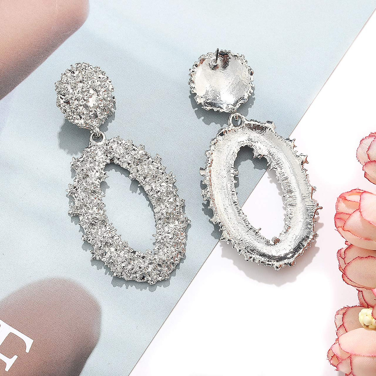 Statement Drop Earrings For Women Boho Textured Dangle Earrings Gorgeous Geometric Oval Raised Earrings (silver)