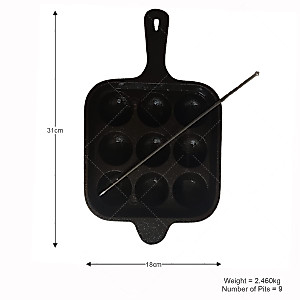 Cast Iron Paniyaram | Paddu Pan Long Handle Induction Compatible - SQUARE | 9 Pits | Flat Bottom with Ring and Handle | with FREE Turner Rod