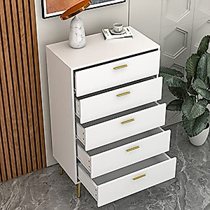AIEGLE 5 Drawer Dresser, Chest of Drawers with Metal Legs, Wood Dresser Storage Chest Drawers for Bedroom, Living Room, White (27.4" W x 15.7" D x 45" H)