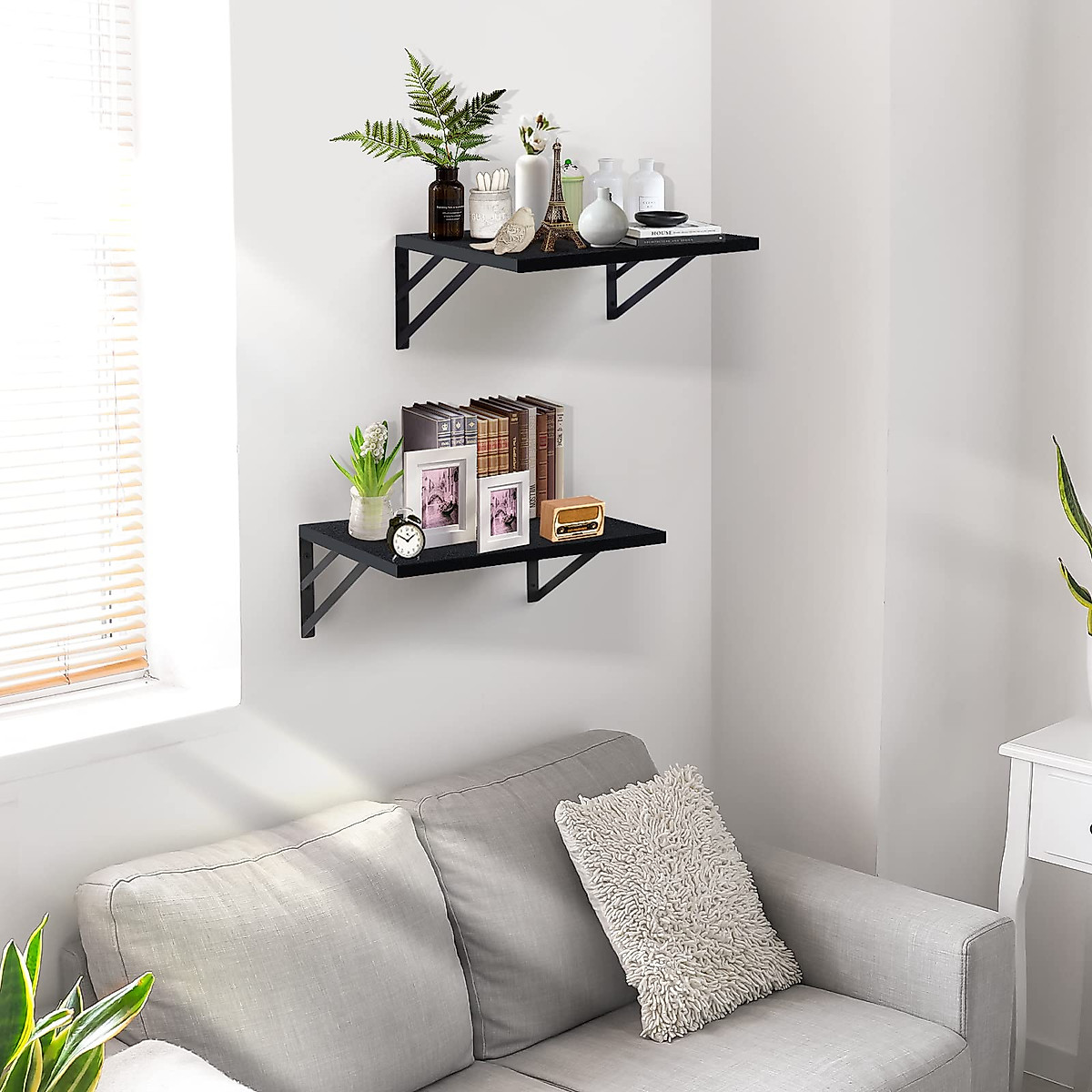 Tectocker-DOU 2 Pc Deep Floating Shelves ; 12 Inch Deep Wall Mounted Hanging Shelves for Living Room, Kitchen, Office, Bathroom and Bedroom Decor; Storage and Display Shelf Set (Black)