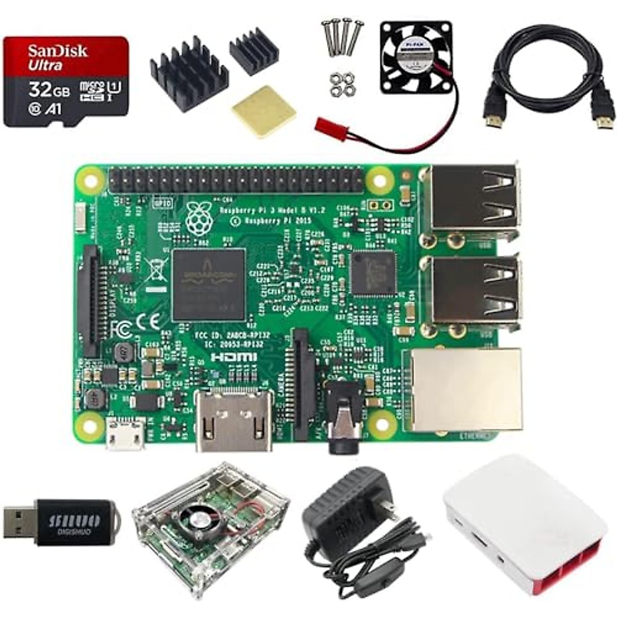 DIGISHUO 9 in 1 Complete Starter Kit Raspberry Pi 3 Model B Module&Two Cases&HDMI Cable&32G SD Card&Heatsink Kit&P Fan
