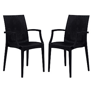 LeisureMod Hickory Weave Indoor Outdoor Patio Dining Side Armchair Set of 2 (Black)