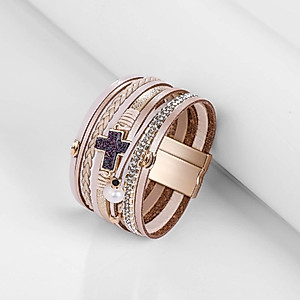 Hutou Leather Wrap Bracelet Boho Cuff Bracelets for Women Crystals Cross Bracelet Jewelry Gifts for Her Beige