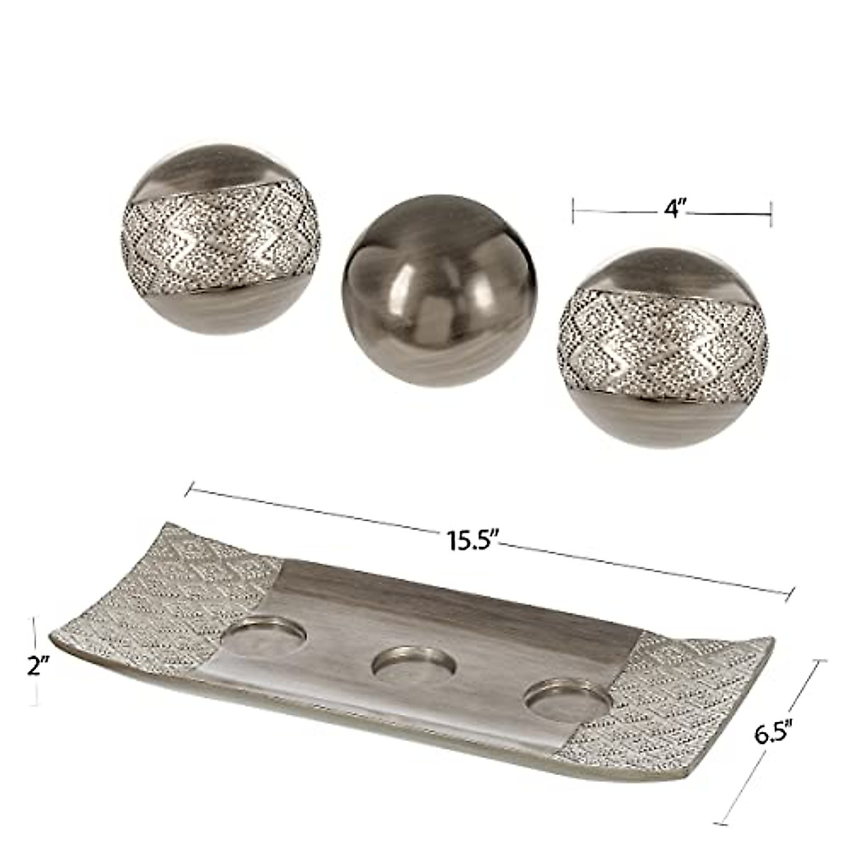 Creative Scents Dublin Decorative Tray and Orbs Balls Set - Centerpiece Bowl with Balls for Dining Room Table, Rustic Decorated Spheres Kit for Living Room Coffee Table, Gift Boxed (Brushed Silver)