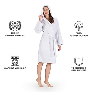 Nine West - Unisex Bathrobe - Made with 100% Turkish Cotton Terry Cloth for Spa & Hotels, High Absorbent & Comfy Hooded Robes | White (Medium)
