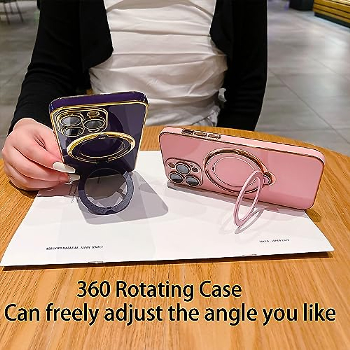 MGQILING Compatible with iPhone 14 Pro Max Magnetic Planting Case 6.7 Inch, Luxury 360 Rotating Magnetic Hidden Stand Case, Compatible with MagSafe for Women Girls,Pink