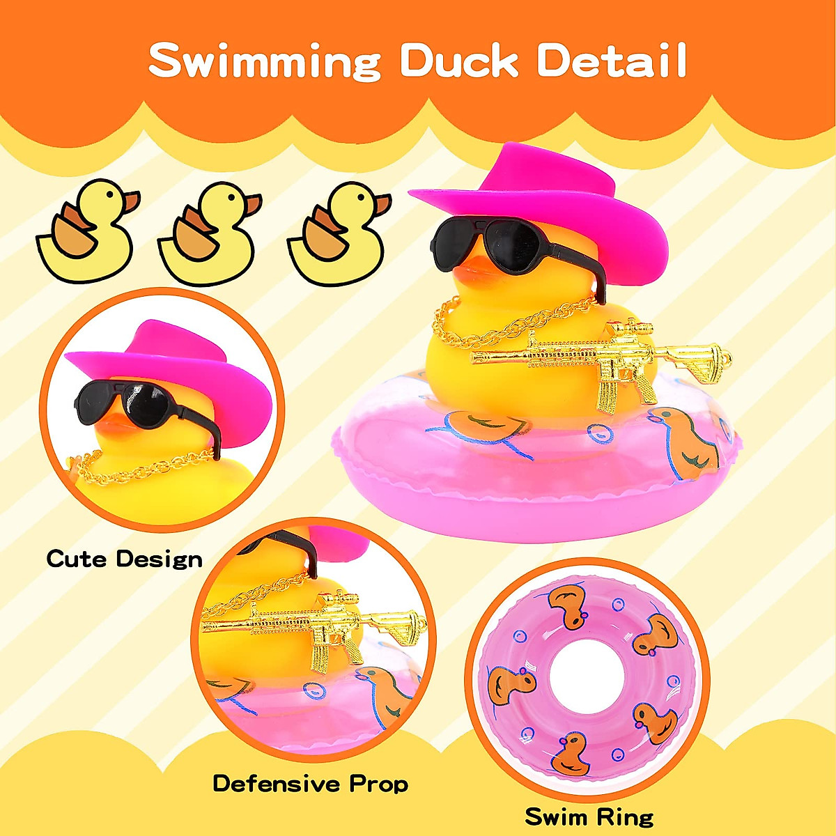 Rubber Duck for Car - Car Duck Decoration Dashboard, Rubber Duck Toy Car Ornament, Car Accessories Duck with Mini Sun Hat Swim Ring Necklace and Sunglasses for Party Favors, Birthdays, Bath Time