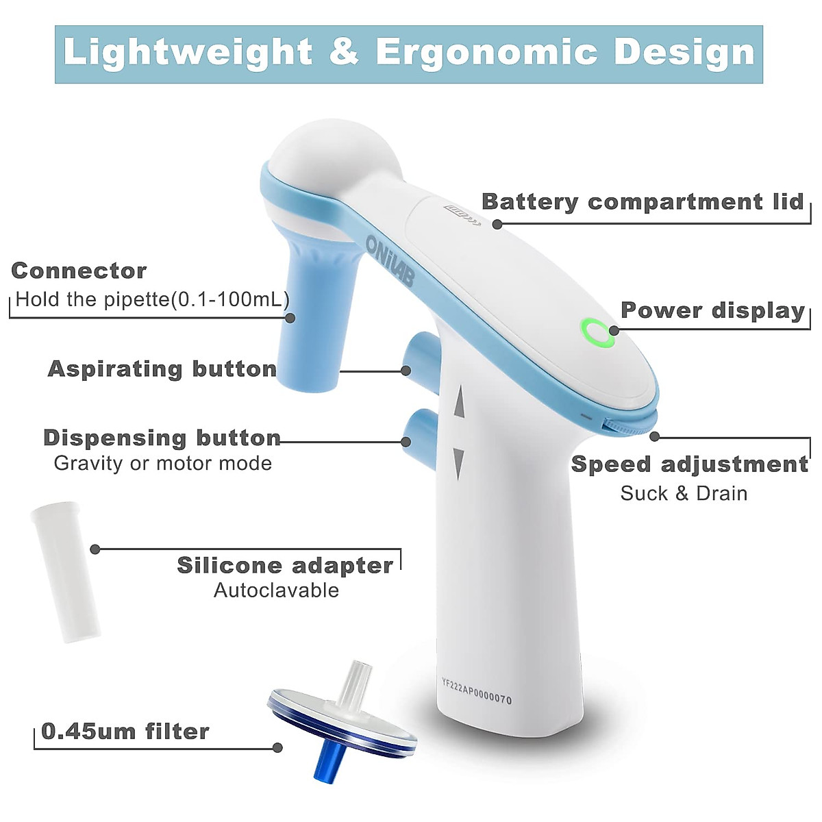 ONiLAB Electric Pipette Controller,Automatic Motorized Pipette Filler, Electric Pipettor, 0.1-100ml,Adjustable Speed