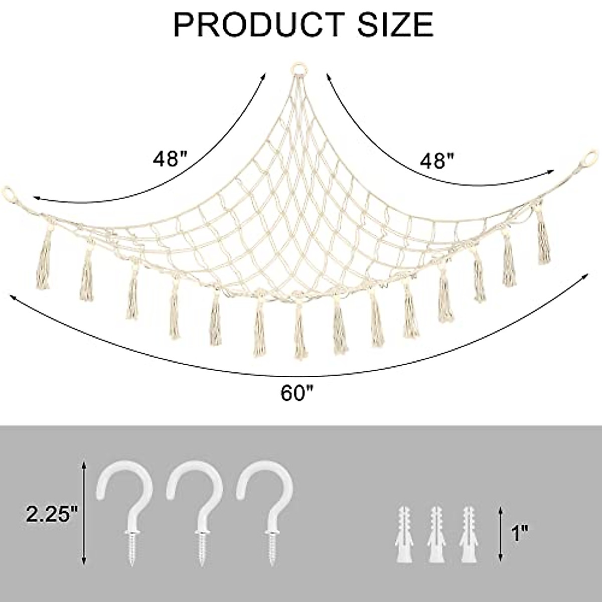 LotFancy Stuffed Animal Net or Hammock, 60"x48"x48", Large Macrame Toy Hammock, Hanging Plushie Net, Stuff Animal Storage Ideas, Corner Net Toy Holder for Kids Room Nursery Bedroom, Beige