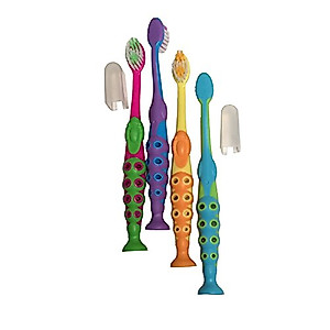 Secret for Longevity 4-Pack of Kids Childrens Toddler Extra Soft Bristle Easy Grip BPA Free Toothbrush Set w/Suction Base and Travel Dust Covers