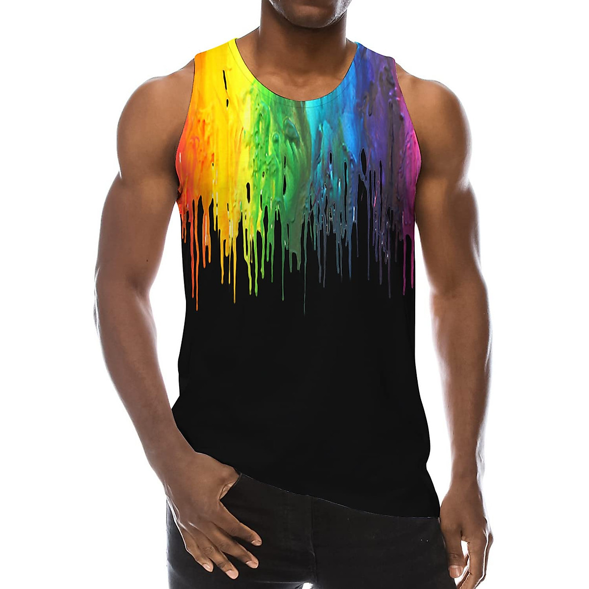 Loveternal Guys Rainbow Pride Tank Tops for Men Summer Novelty Outfits Youth Black Tank Tops Colorful Melting Graffic 3D Printed Workout Soft Quick Dry Underwear L