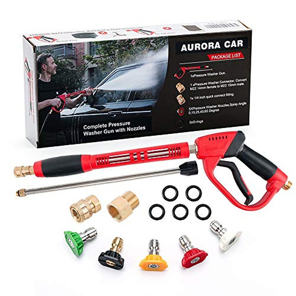 AURORA CAR High Pressure Washer Gun，40 Inch, 5000 PSI，with Replacement Wand Extension，5 Nozzle Tips Set,with 1/4'' Quick-Connect，M22 15mm or M22 14mm