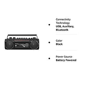Riptunes Cassette Boombox, Retro Blueooth Boombox, Cassette Player and Recorder, AM/FM/SW-1-SW2 Radio-4-Band Radio, USB, SD, and Aux in, Black