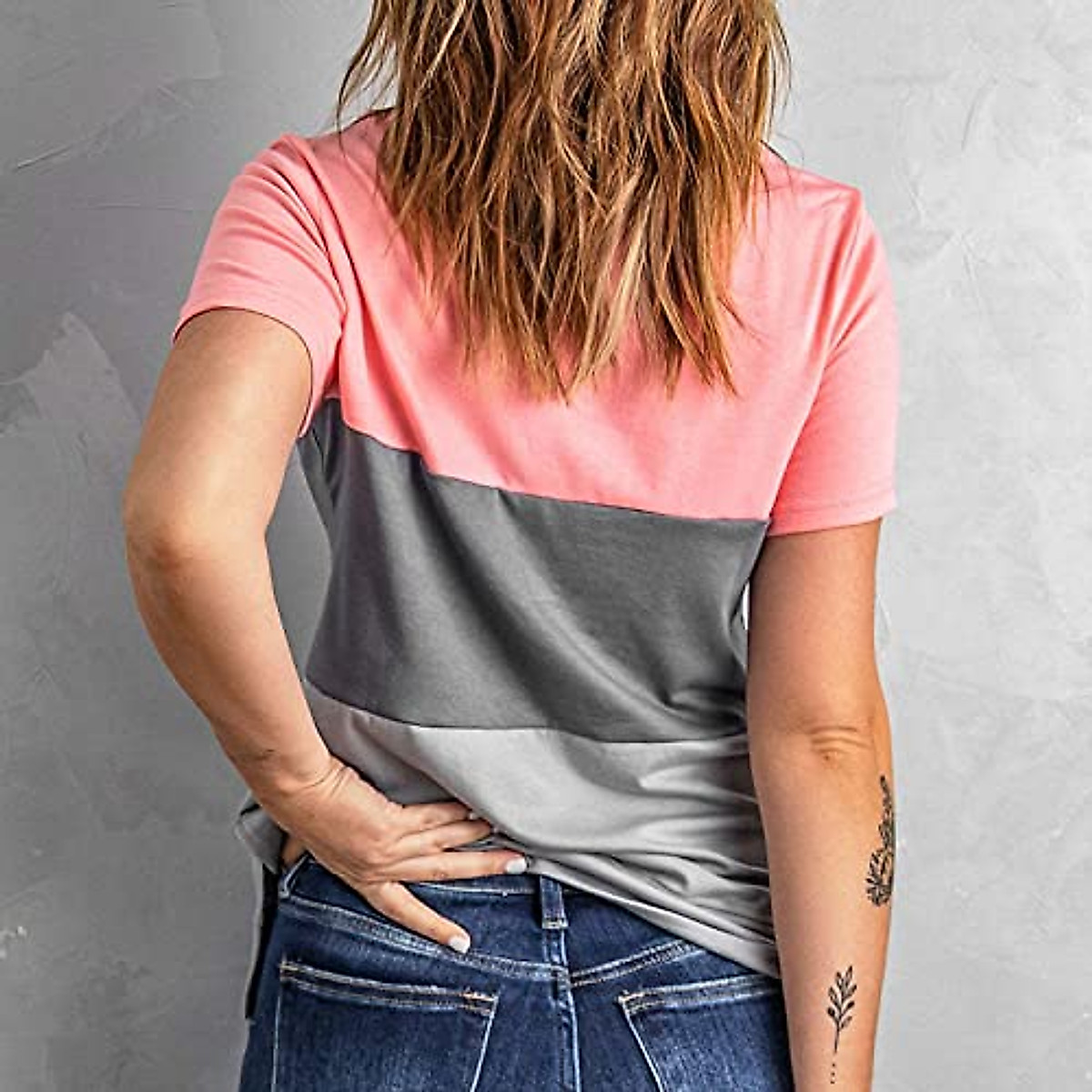 2023 Spring Summer New Matching Short Sleeve Top Shirt Women Loose Versatile Top Color Matching Pink