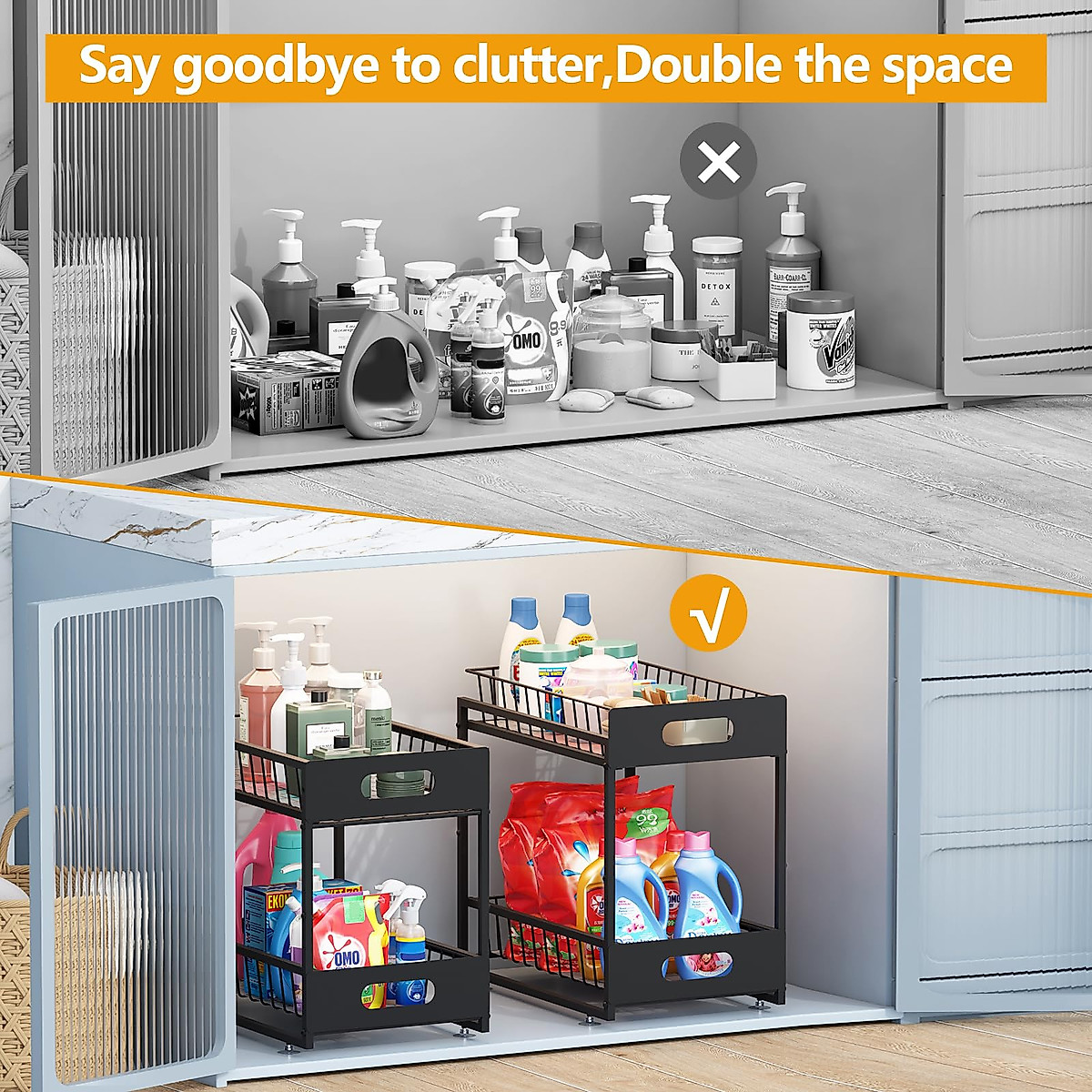 AIKEXIN Under Sink Organizers and Storage, 2 Tier Pull Out Sliding Cabinet Basket Organizer, Metal Cabinet Organizer & Storage Shelves for Kitchen Bathroom (Black)