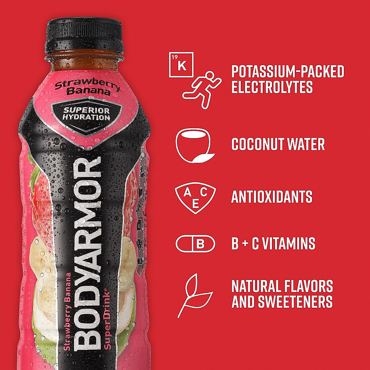 BODYARMOR Sports Drink Sports Beverage, Strawberry Banana, Coconut Water Hydration, Natural Flavors With Vitamins, Potassium-Packed Electrolytes, Perfect For Athletes, 12 Fl Oz (Pack of 8)