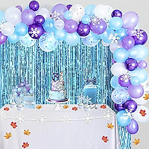CHRORINE Girl Birthday Party Decorations Supplies, Blue Party Decorations, Snowflake Decorations, 109 pcs Balloons, 2 pcs Blue Foil Curtains, Maple Leaves, Snowflakes