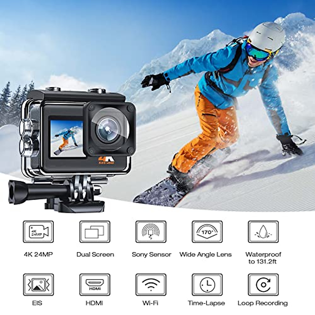 CAMWORLD Action Camera 4K 24MP Ultra HD WiFi Dual Color Screen Waterproof Camera EIS 131FT Underwater Cameras 170 Degree Wide Angle, 2 Rechargeable Batteries and Accessories Kit