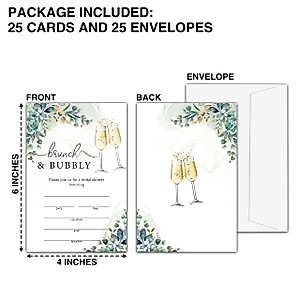 Greenery Eucalyptus Brunch & Bubbly Invitations with Envelopes for All Occasions, 25 Pcs Champagne Brunch Blank Fill-in Invites for Bridal Shower, Wedding Reception, Engagement Party(02)