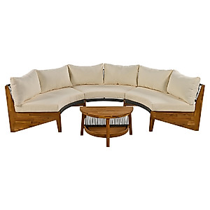 6-Person Outdoor Seating Group with Coffee Table, Half Moon Patio Sectional Sofa Set, All Weather Conversation Sofa Set with Acacia Wood Frame and Thick Cushions for Backyard Poolside (Beige+Acacia)