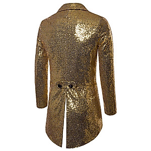 Mens Sequin Tuxedo Tailcoat Swallowtail Suit Jacket Dinner Party Wedding Blazer Slim Fit Show Tux Dress Coat (Gold, S)
