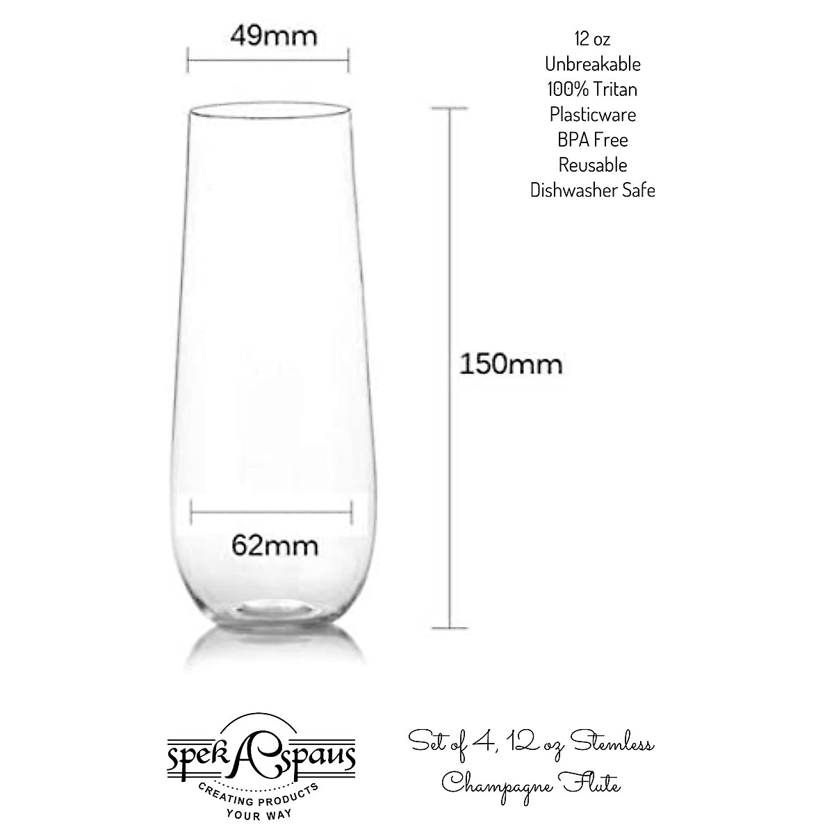 Spekaspaus TM 4 Unbreakable Stemless Champagne Flutes -12 oz-100% Tritan Plasticware - Shatterproof, Reusable, Dishwasher Safe, BPA-Free