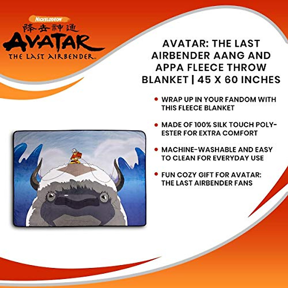 Avatar: The Last Airbender Aang and Appa Plush Throw Blanket | Cozy Sherpa Blanket | Super Soft Lightweight Fleece Blanket | Geeky Home Decor | 45 x 60 Inches