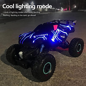 RC Cars Remote Control Car 1:16 4WD Off Road Rock Crawler, 2.4GHz All Terrain Monster Truck with Rear Fog Stream 5 LED Lighting Modes, 2 Battery for 60 Min Play, Toy Car Gift for Kids and Adults