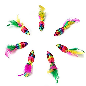 CHIWAVA 24PCS 5" Rattle Cat Toys Mice with Feather Rainbow Rope Mouse Kitten Interactive Toy Assorted Color