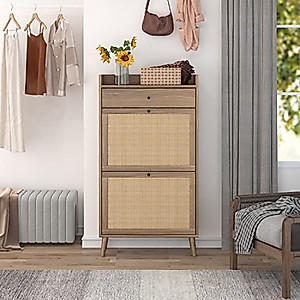 Goujxcy Natural Rattan Shoe Cabinet with 2 Flip Drawers, Farmhouse Shoe Storage Cabient for Heels, Boots, Slippers, Slim Wood Freestanding Shoe Rack Organizer for Entryway, Hallway, Bedroom,Walnut