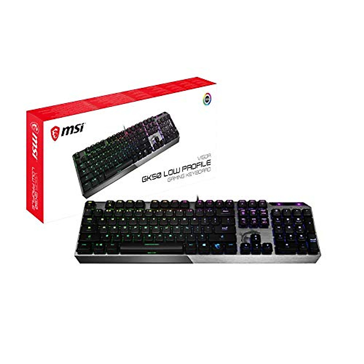 MSI Vigor GK50 Low Profile RGB Mechanical Gaming Keyboard, Kailh White Low Profile Switches, Brushed Aluminum Design, Ergonomic Keycap Design, RGB Mystic Light