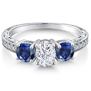 925 Sterling Silver 3-Stone Ring Set with Forever Brilliant (GHI) Oval Moissanite from Charles & Colvard and Created Sapphire (2.22 Cttw) (Size 6)