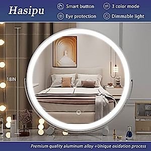Hasipu Vanity Mirror with Lights, 18" LED Lighted Smart Touch Control 3 Colors Dimmable Round Mirror 360°Rotation White