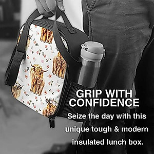 LONGCHUANG Spring Pink Floral Scottish Highland Cow Lunch Bag, Insulated Lunch Box for kids, Durable LunchBox, Tough and Spacious Lunch bag, Waterproof Lunch Container for Kids Adults, One Size