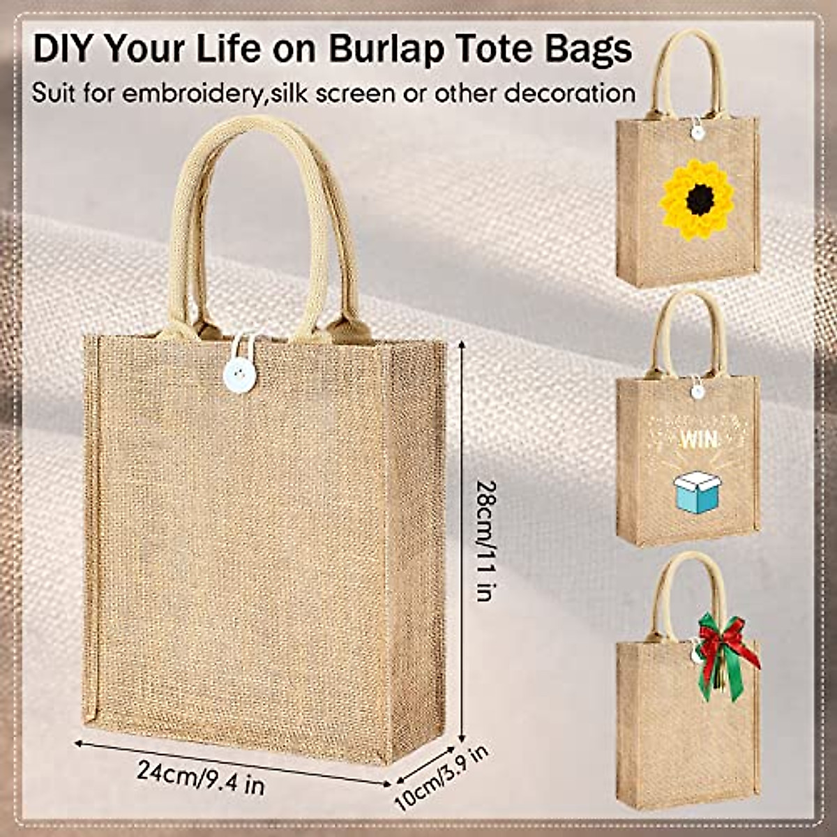 15 Pack Burlap Beach Bags Burlap Tote Handbag Burlap Tote Bags with Handles and Button Reusable Burlap Shopping Bags for Shopping Wedding Beach Bridesmaid Gifts Favors, 11 x 9.4 x 3.9 Inch Khaki