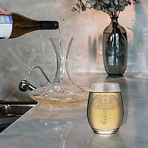 Cunhill 2 Pieces Elephant Stemless Wine Glass Hand Etched Elephant Glass Clear Stemless Wine Glass Coffee Cup, Presents for Women Men (15.2 oz, Classic Style)