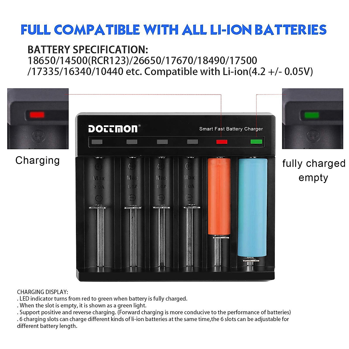 DOTTMON 6-Bay LED Universal Battery Charger for Ni-MH or Ni-Cd Batteries (AA, AAA, AAAA, SC, C, D) and Li-ion Batteries (22650, 25500, 18650, 18500, 18490, 18350, 17670, 16340, 14500, 10440)