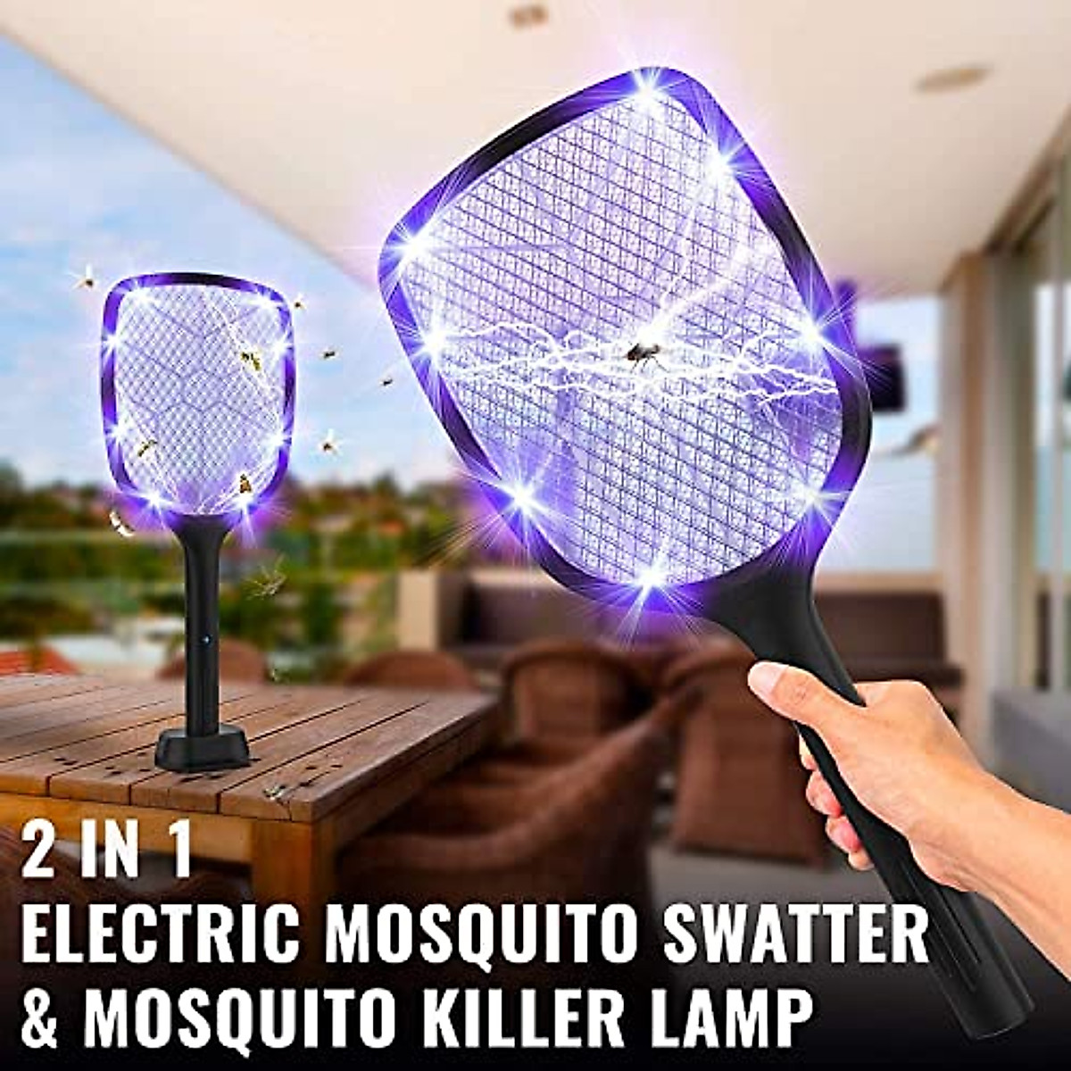 2 in 1 Electric Fly Swatter & Mosquito Killer Lamp with 4000V Effective Powerful Grid, Rechargeable Bug Zapper for Home, Camping, Indoor/Outdoor Pest Control, with Double Safety Mesh, LED Light Black