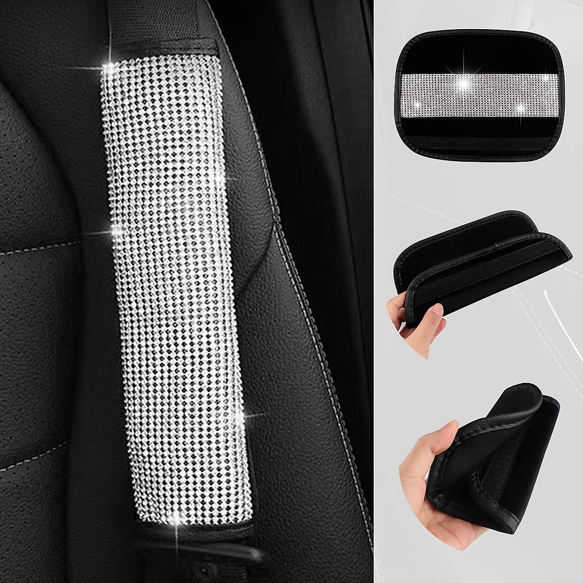 Bling Seat Belt Covers for Women, 2-Pack Shiny&Comfortable Rhineston Car Seat Belt Shoulder Pads Set, Glitter Crystal Bling Car Accessories (Bling-002)