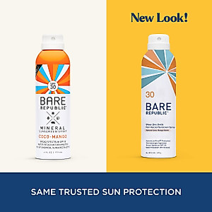 Bare Republic Mineral Sunscreen SPF 30 Sunblock Spray, Sheer and Non-Greasy Finish, Coconut Mango Scent, 6 Fl Oz