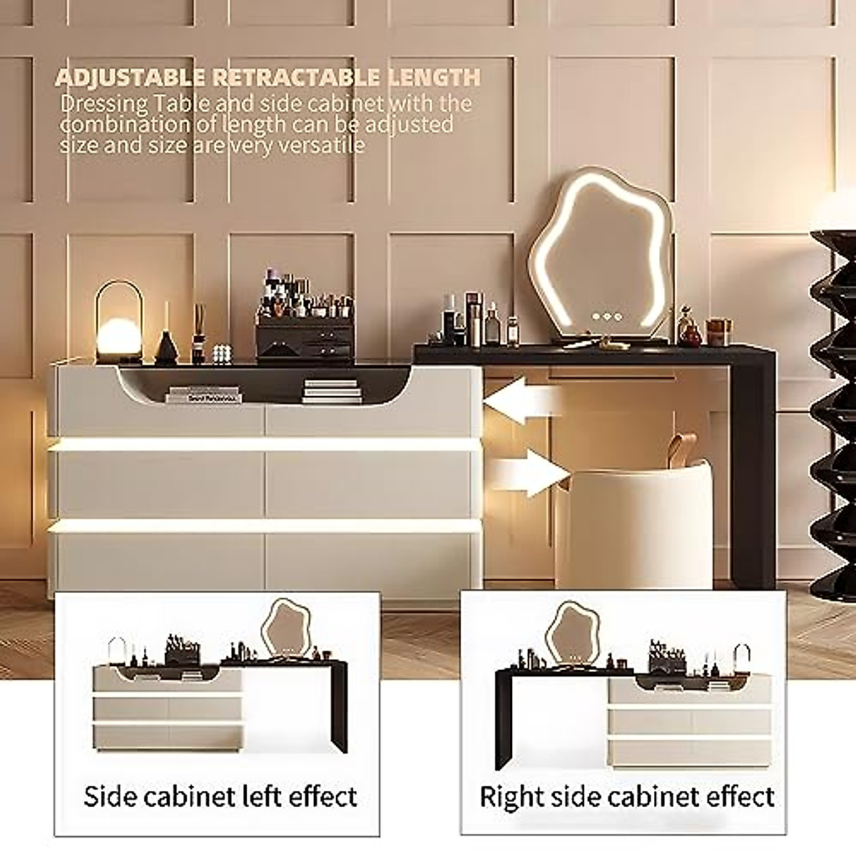 ZGNBSD LED Vanity Table Set - Elegant Vanity with Smart Makeup Mirror and LED Mood Light - Luxury Bedroom Makeup Vanity with Drawer & Chair for Her
