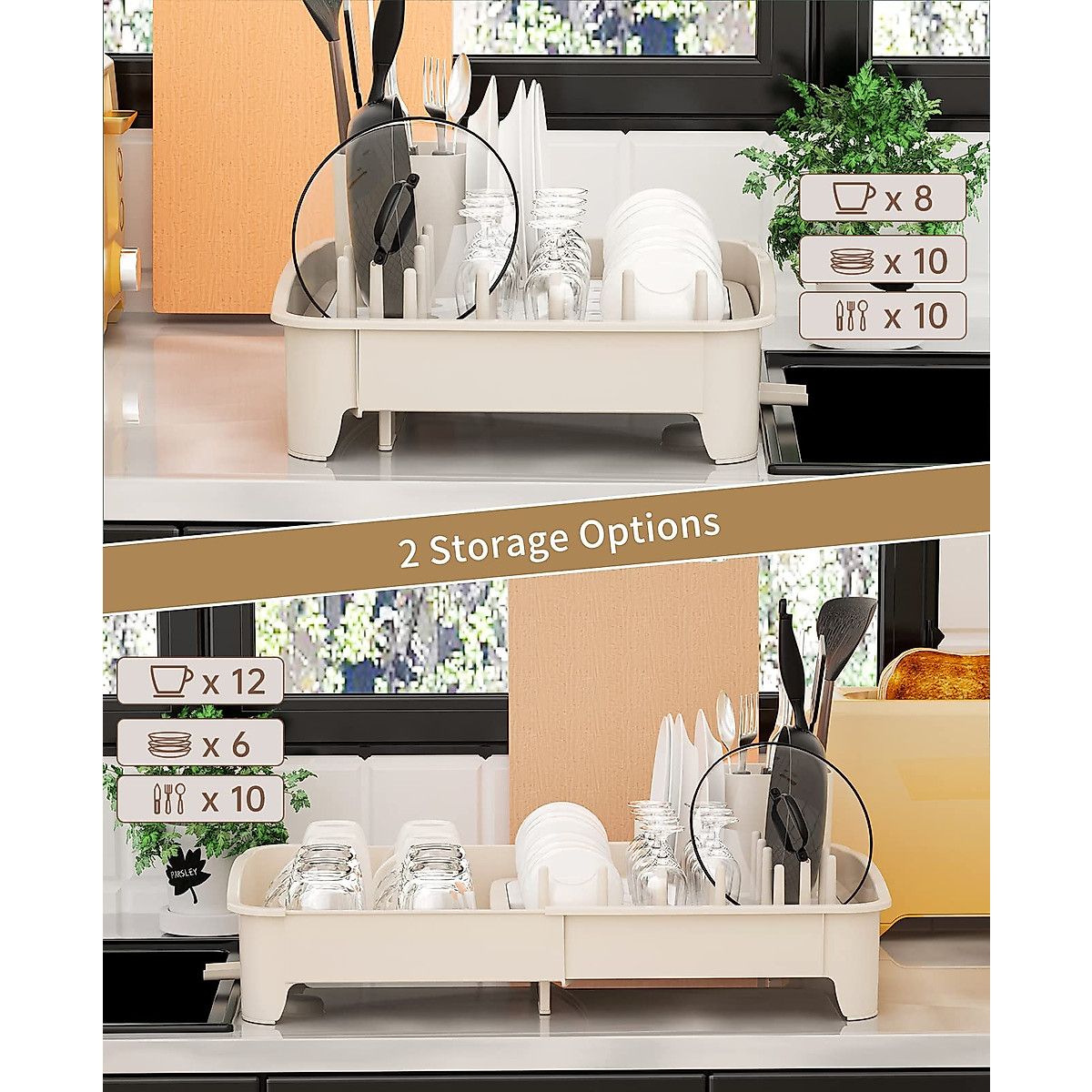 Outlet Dish Drying Rack - Large Adjustable Dish Rack Expandable Plastic Dish Drainer for Kitchen Counter with Utensil Holders, Detachable Space Saving Kitchen Organizer for Bowls Plates (Apricot)