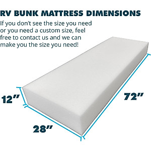 Foamma 12" x 28" x 72" High Density RV Bunk Mattress Replacement, Firm, Durable, Premium Comfort, USA Made, No Cover