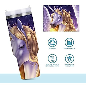 Beautiful Unicorn Horse Stainless Steel Tumblers with Straw and Handle for Water, Insulated Water Bottle 30 OZ / 0.89 L