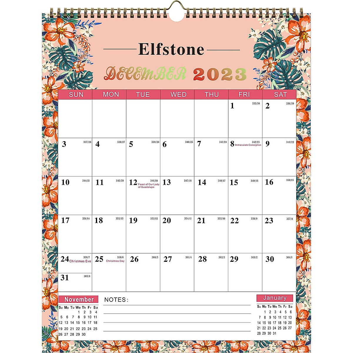 Elfstone 11x14 Inch Light Pink Color Wall Calendar-2023 December- 2024 September-Tear-Off Monthly Calendar with Built-in Hanging