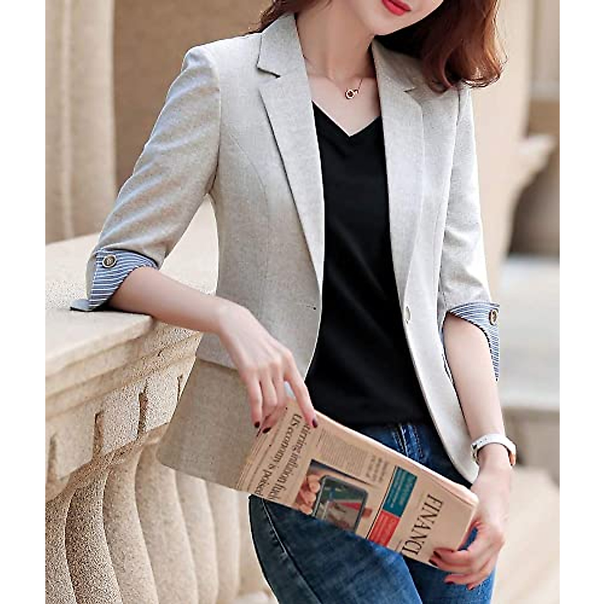 SUSIELADY Womens Notched Lapel Pocket Single Button Casual Work Office Blazer Jacket Slim Fit Blazer for Business Lady