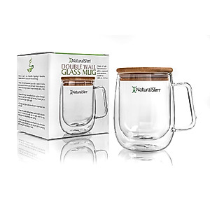 NaturalSlim Double Wall Glass Mug & Metabolic Matcha Green Tea Powder - Borosilicate Clear Drinking Cup Insulated w/Bamboo Lid 13.5 oz. - Japanese Matcha for Metabolism Weight Loss Tea ​30g